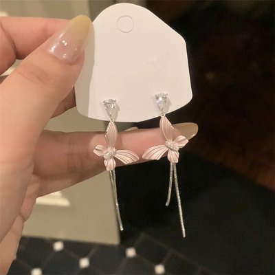 新款925银针甜美粉色森系蝴蝶流苏耳环气质精致复古千金风耳饰女