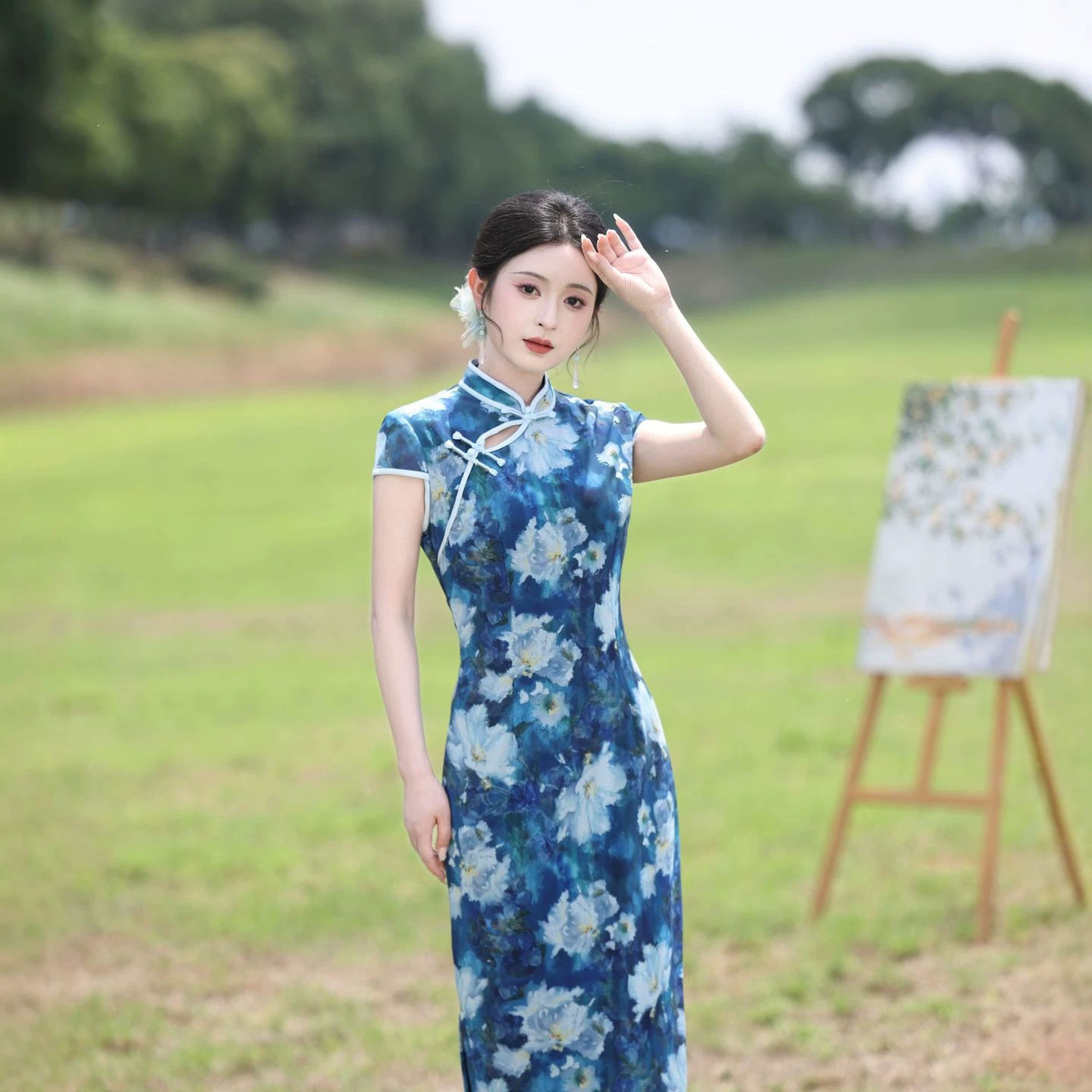 2026新款蓝色新中式改良旗袍女长款修身日常穿复古国风连衣裙