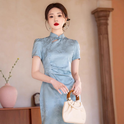 新中式复古贝之韵【云蓝序】改良旗袍女夏季暗纹提花短袖连衣裙