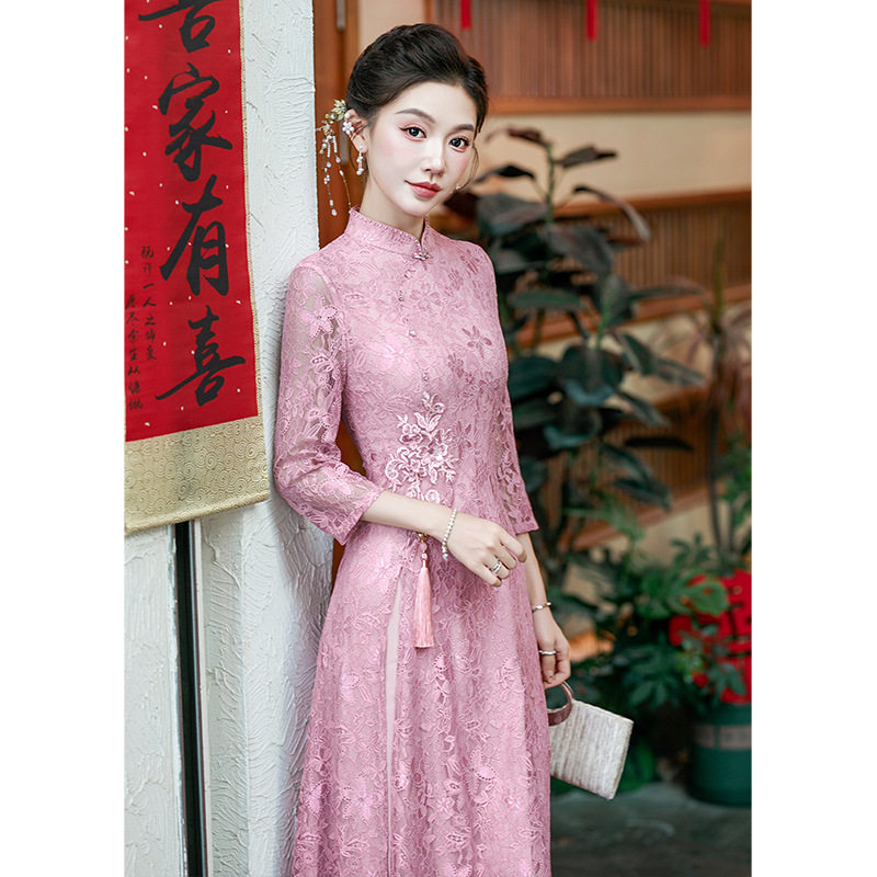 粉色新中式旗袍2026新款妈妈连衣裙结婚订婚礼服喜婆婆婚宴装高端