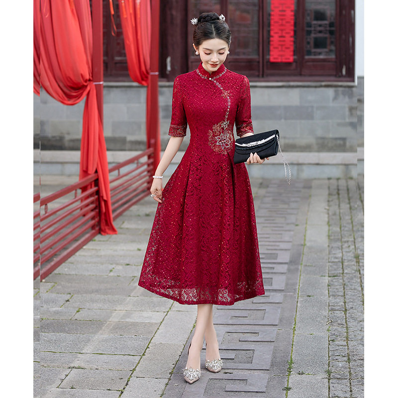 高端喜婆婆婚宴装旗袍春夏新款年轻结婚妈妈婚礼礼服高贵蕾丝中式