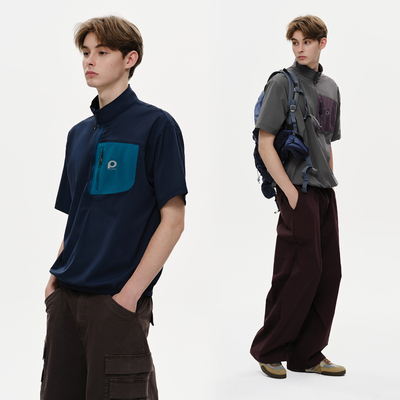 PSO Brand男装女装立领撞色口袋短袖POLO衫宽松半袖户外运动上衣