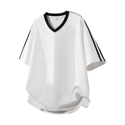 SMILEISLAND复古撞色V领短袖T恤男宽松透气潮流上衣