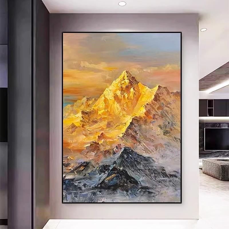 手绘油画《日照金山》玄关挂画客厅沙发背景装饰画风景中式壁画