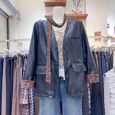 秋季新款豹纹拼色皮衣西装