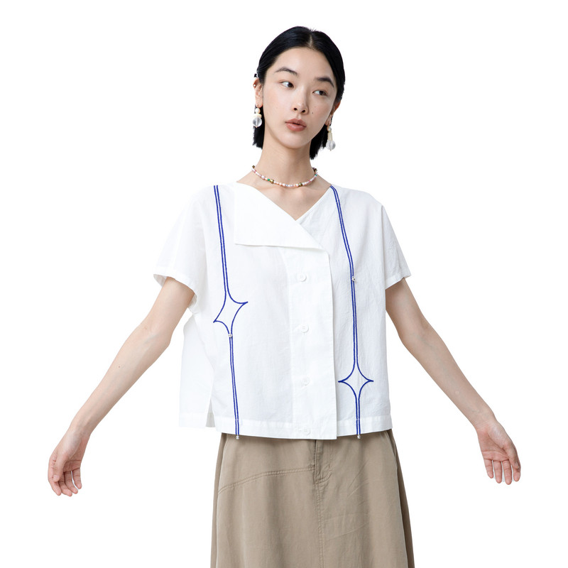 MOVEUP幻走2025夏季新品yangyang系列纯棉坎肩线条绣花短款衬衫女