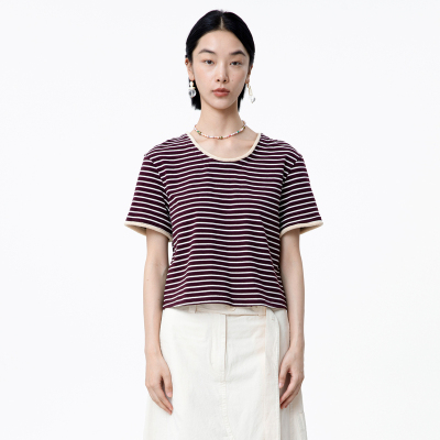 MOVEUP幻走2025夏季新品yangyang系列纯棉毛织撞边条纹短款T恤女