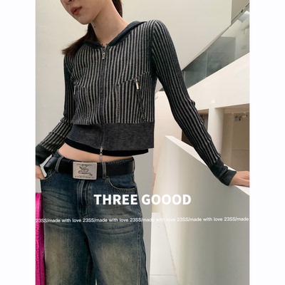 THREE GOOOD殷三吉 线条画笔透气百搭通勤拉链带帽针织衫