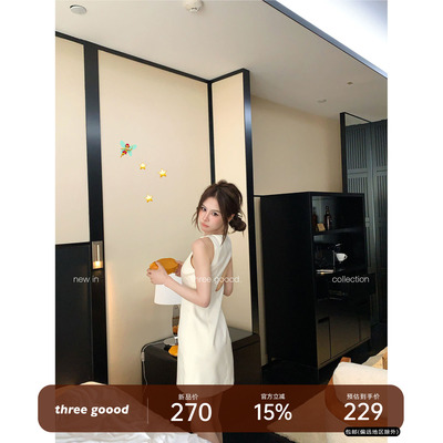THREE GOOOD殷三吉 柔光哑光无袖短款蝴蝶结系带露背显瘦连衣裙