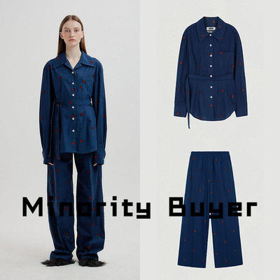Minority买手店 EENK 刺绣花卉单排扣绑带束腰衬衫中长阔腿裤套装