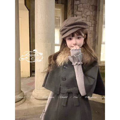 DOLL原创-恋恋日记-真貉子毛领深灰色呢大衣女冬季千金风外套