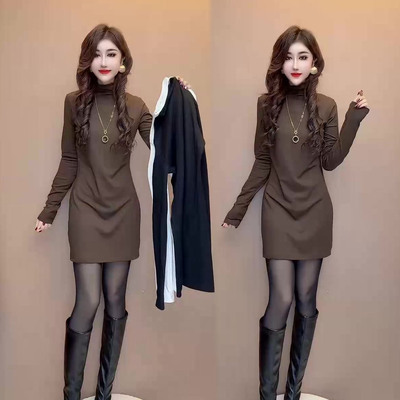堆堆领修身长袖加绒连衣裙女