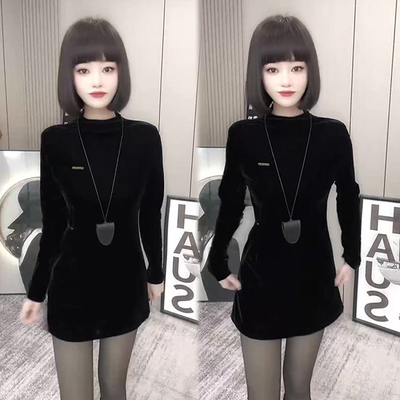 欧货时尚简约百搭中长款丝绒上衣