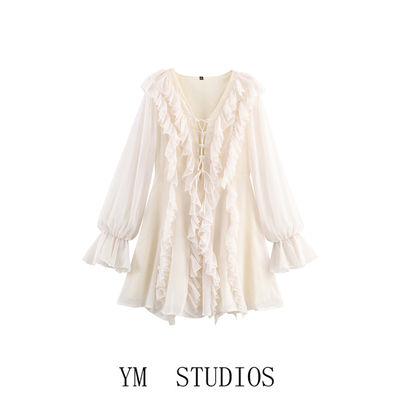 多层荷叶边绑带连衣裙长袖