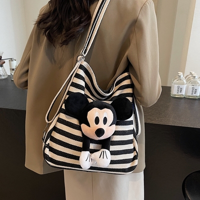 条纹帆布包多功能双肩背包