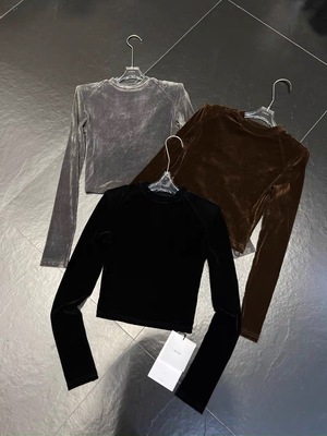 8519欧洲站DUDU2025秋季女上衣新款丝绒修身短款长袖T恤显瘦百搭