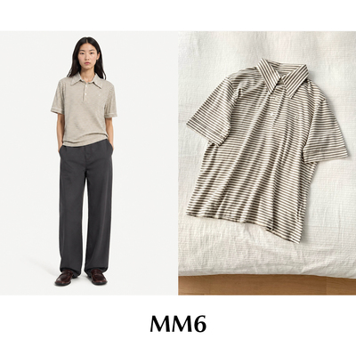 【SALE】CETTCE 现货 Maison Margiela MM6 条纹翻领纽扣短袖T恤
