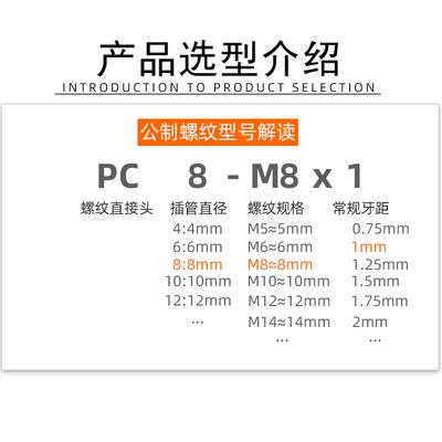气动快插气管接头PC6M6 PC8M8*1 PC10M14*15公制螺纹直通接头