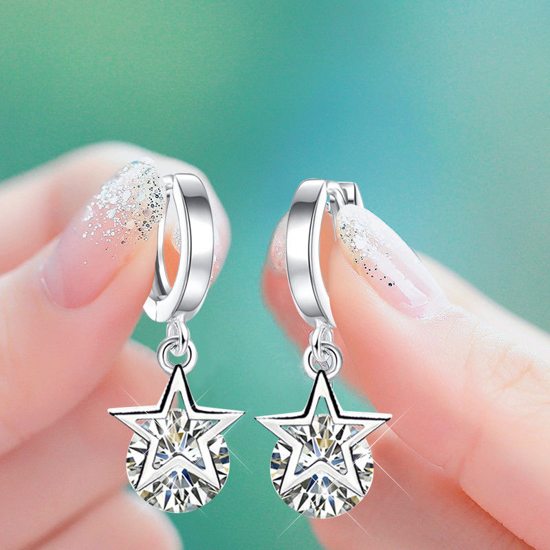 超闪水晶耳扣 925学生耳环简约气质五角星过敏防耳坠女纯银女耳饰_虎窝淘