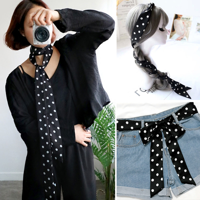 夏季黑白小长条细窄腰带波点丝巾