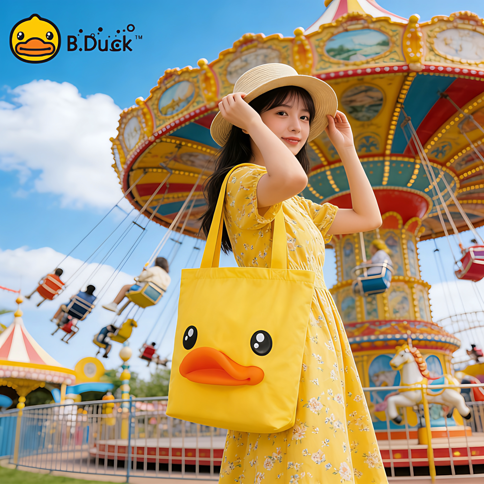 B.Duck小黄鸭可爱卡通3D鸭嘴单肩帆布包牛津布尼龙时尚背包斜挎包