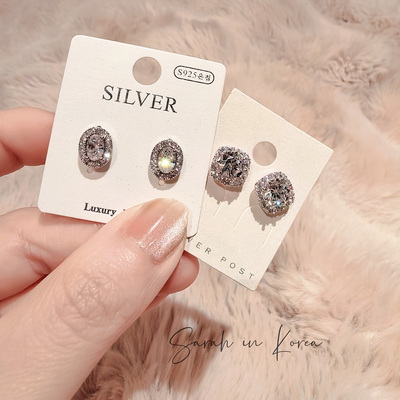 Sarah in Korea韩国 精致椭圆小方块闪钻耳钉耳饰 925银针