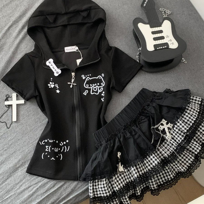 RichGirl蕾丝辣妹蛋糕暗黑朋克蓬蓬百搭半身裙亚文化拼接格子短裙