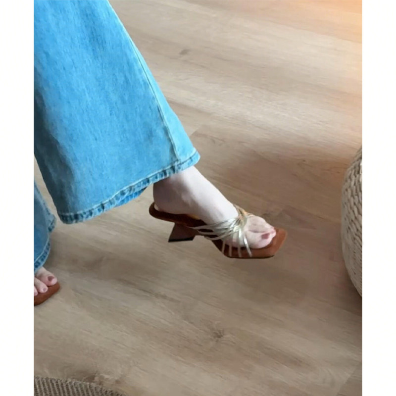 羊皮版~真皮坡跟法式凉拖鞋女金色外穿不累脚高跟鞋罗马凉鞋绝美