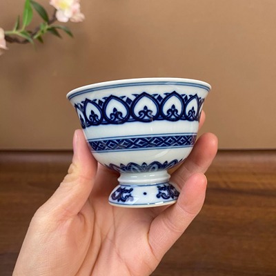 【记石柴窑】精工宝相高足杯100cc 手工手绘景德镇茶具