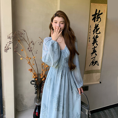 AMNANA法式气质长袖蓝色连衣裙