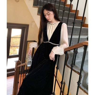 【小四粉丝专享】法式复古拼接假两件黑色连衣裙女装打底裙 D3916