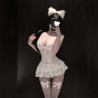 性感纯欲蕾丝透视深V挂脖露背蛋糕裙御姐情侣约会制服晴趣qqny