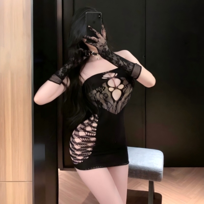 性感火辣抹胸透视复古提花可撕网衣包臀裙撕撕乐约会制服晴趣qqny