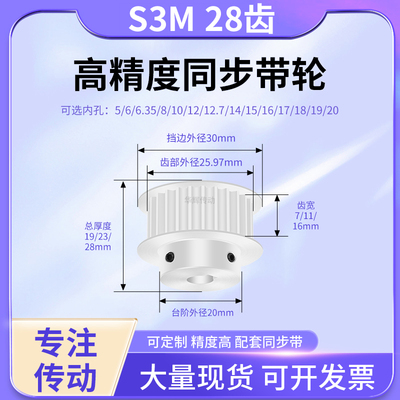 同步带轮S3M28齿BF型HTD齿宽7/11/16内孔56358101214铝合金同步轮
