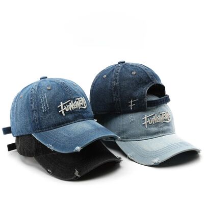 Japanese Retro Washed Denim Letter Embroidered Cap Outdoor S