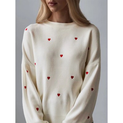 Women's Cream Red Heart Embroidered Oversized Knit Sweater C