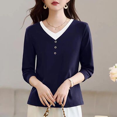 Autumn New Fashion Solid Color T Shirt Woman V Neck Long Sle