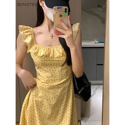 Floral Midi Dress Women Ruffles Square Collar Hotsweet Aesth