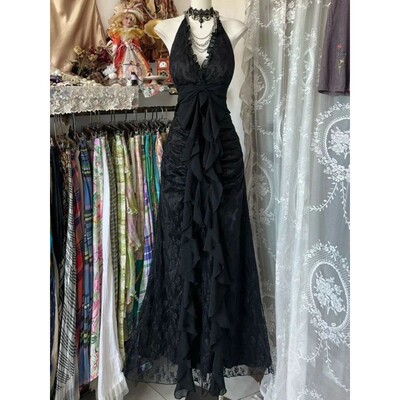 France Vintage Slim Slash Neck Sleeveless Dress Women Gothic