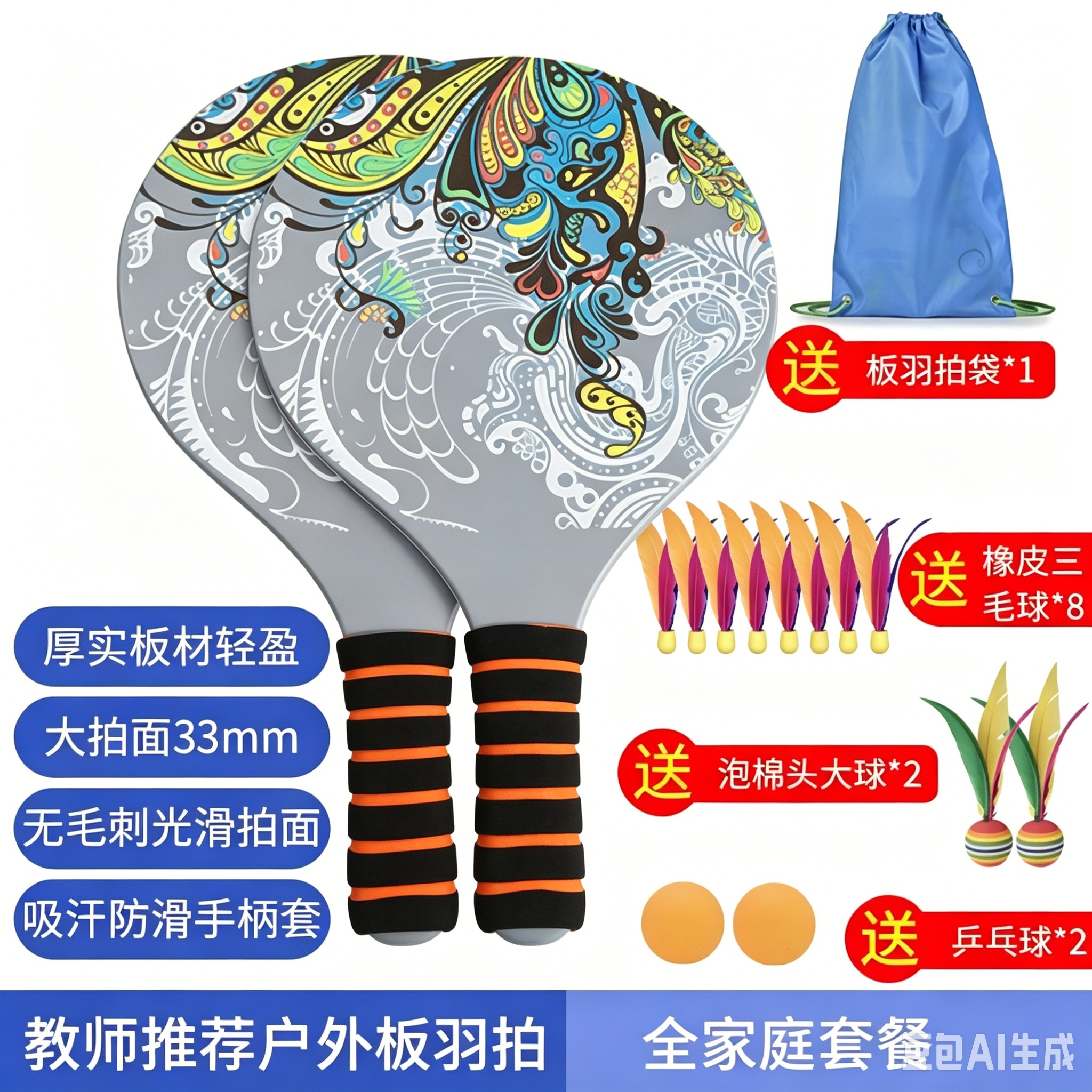 板羽球拍套装三毛球乒乓球羽毛球拍成人板羽三毛球板球儿童键羽球