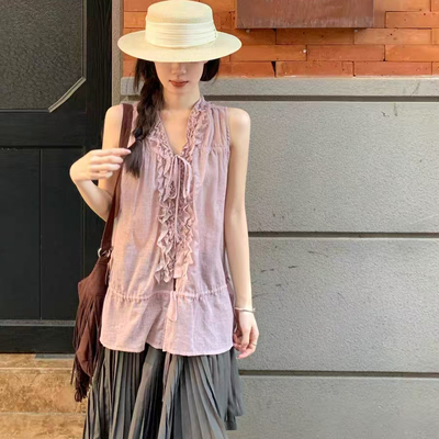 现货/少女v领无袖衬衫气质宽松上衣多巴胺小众设计衬衣复古女纯色