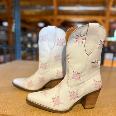 美国DINGO小牛皮星星刺绣真皮尖头粗高跟短靴复古西部牛仔靴女靴