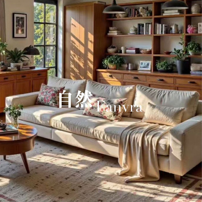 美式自然风三人位麻布沙发米色