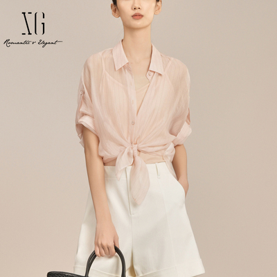 XG雪歌两件套粉色薄透条纹衬衣女2025夏新款短袖衬衫XK221039A508