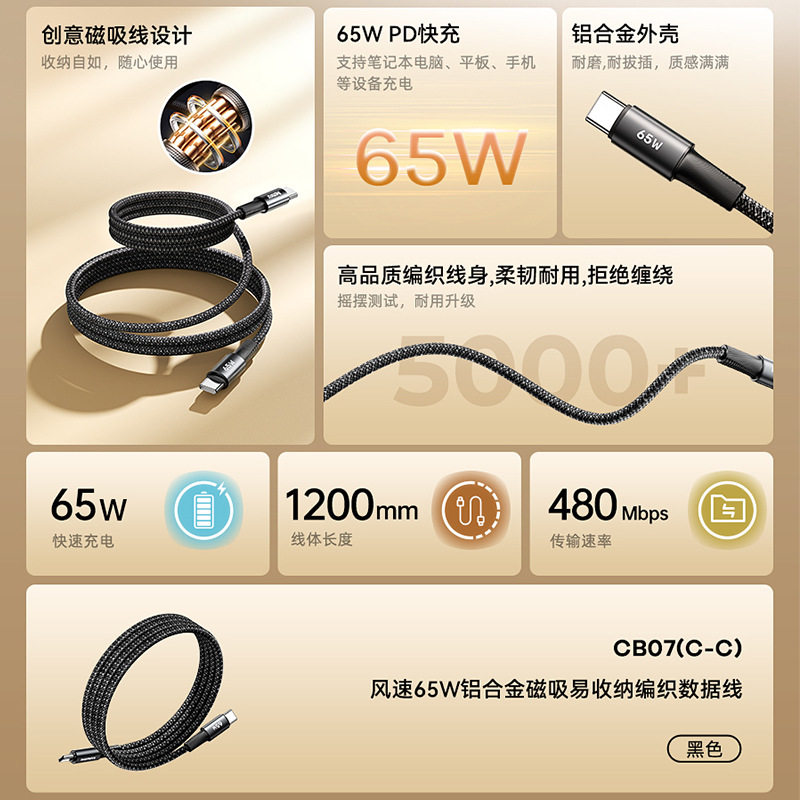 REMAX PD65W铝合金磁吸收纳C-C手机快充线type-c编织数据线1.2米