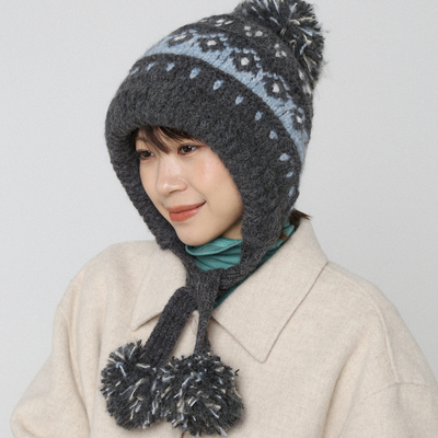 复古费尔岛毛球针织包头帽子