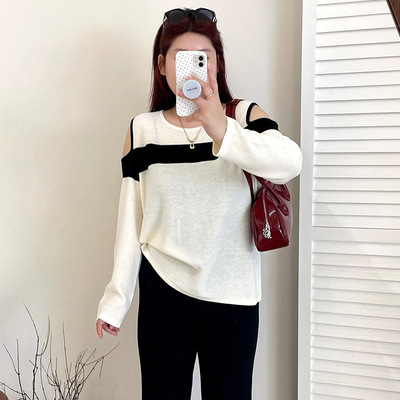 大码女装设计感露肩撞色上衣2025秋款胖mm宽松针织衫女23215乃粒