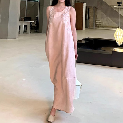 现货Floati 墨韵流光/亚麻珠片刺绣茧型裙温柔气质新中式背心连衣