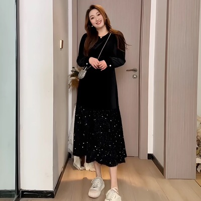 2025冬款大码黑色丝绒拼接连衣裙高级感气质简约休闲裙8614