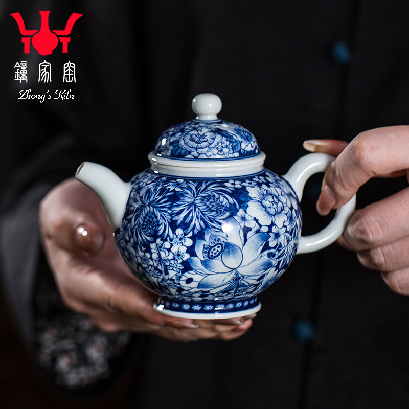 钟家窑茶壶 景德镇手绘青花仿古柴窑万花瓷茶壶单壶小号功夫茶壶